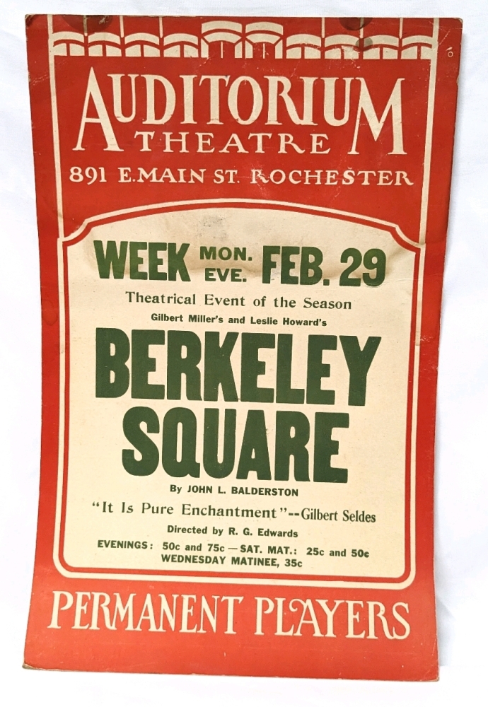 Vintage Rochester Auditorium Advertising Sign: Berkeley Square by John L. Balderston
