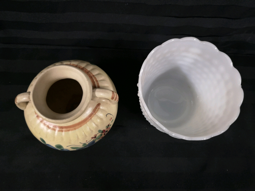 Vintage Fire King Milk Glass Vase & Floral Pattern Vase