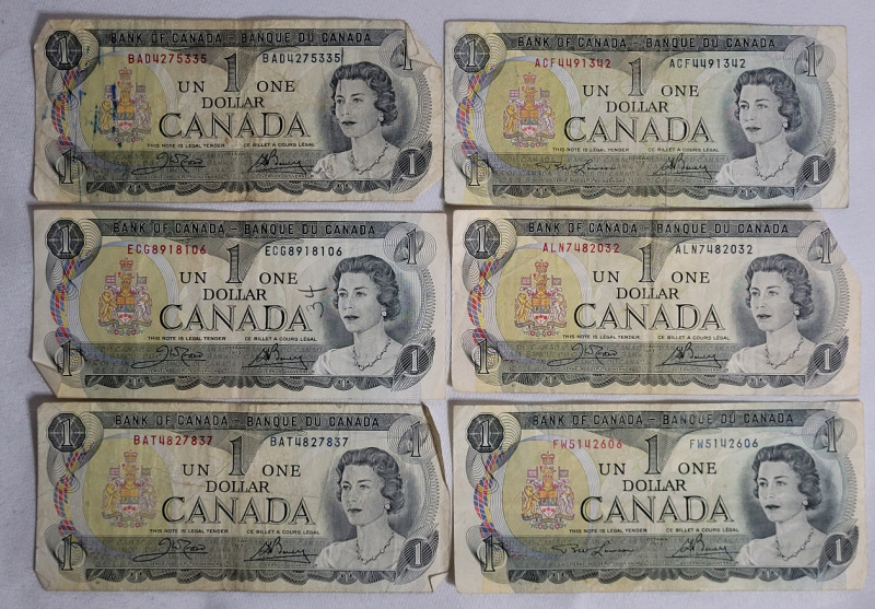 1973 Canadian One Dollar Bank of Canada Bills . Eleven (11) Bank Notes