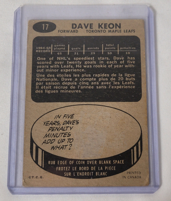 1965 - 1966 Topps NHL Hockey Dave Keon Trading Card in Toploader