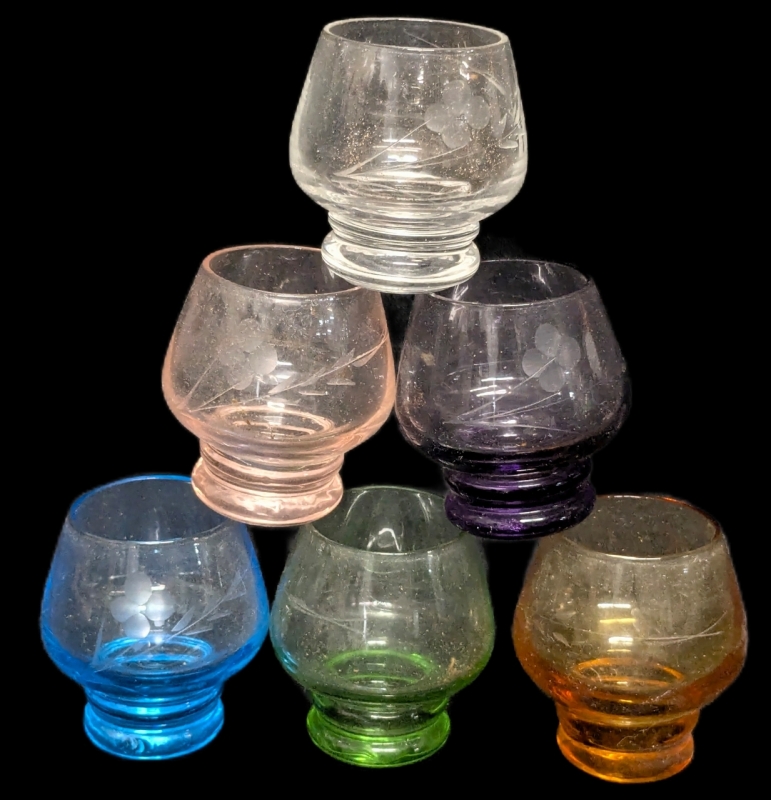 Lovely Vintage Set of 6 Colored Glass Sake Glasses with Etched Flower ...