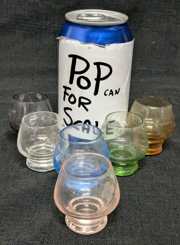 Lovely Vintage Set of 6 Colored Glass Sake Glasses with Etched Flower ...